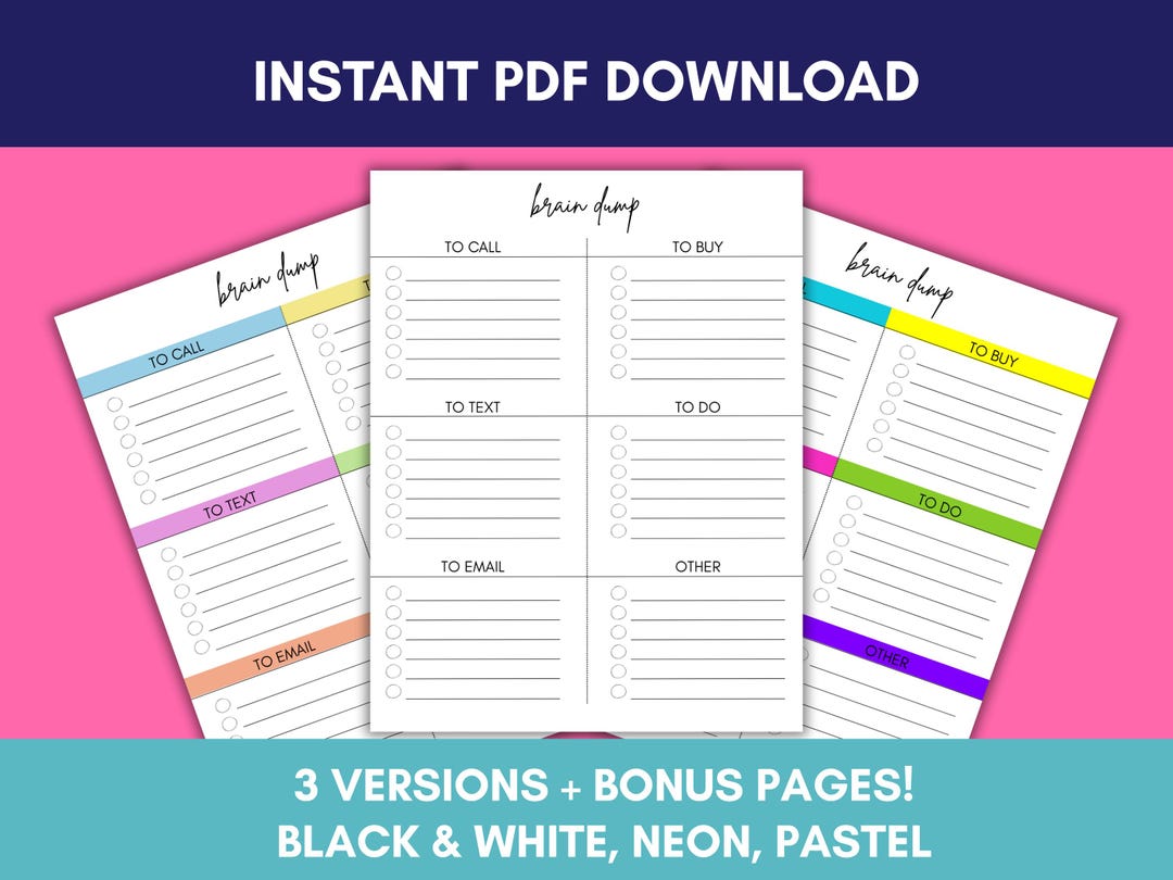 Brain Dump Worksheet Printable: Categorized To-do List (PDF Download ...