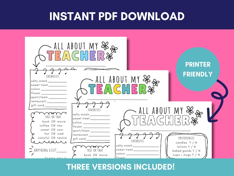 Editable Teacher Favorites Printable: All About My Teacher ...