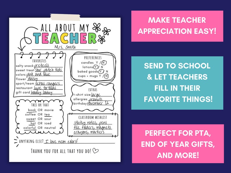 Teacher Favorites Editable Printable - All About My Teacher ...