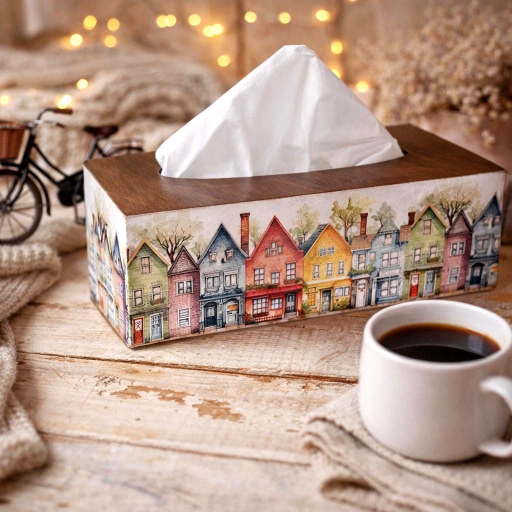 Wooden Tissue Box Cover – Cozy Cottage Home Decor, Colorful Houses ...