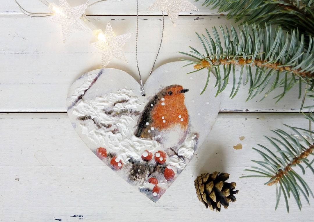 Winter Bird Robin Hanging Heart. Wooden Christmas Ornament - Etsy