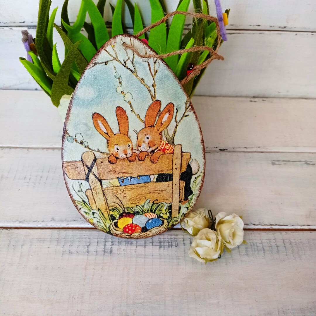 Wall hanging Easter bunny egg ornament Spring decor vintage style ...