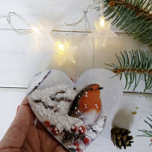 Winter Bird Robin Hanging Heart. Wooden Christmas Ornament - Etsy