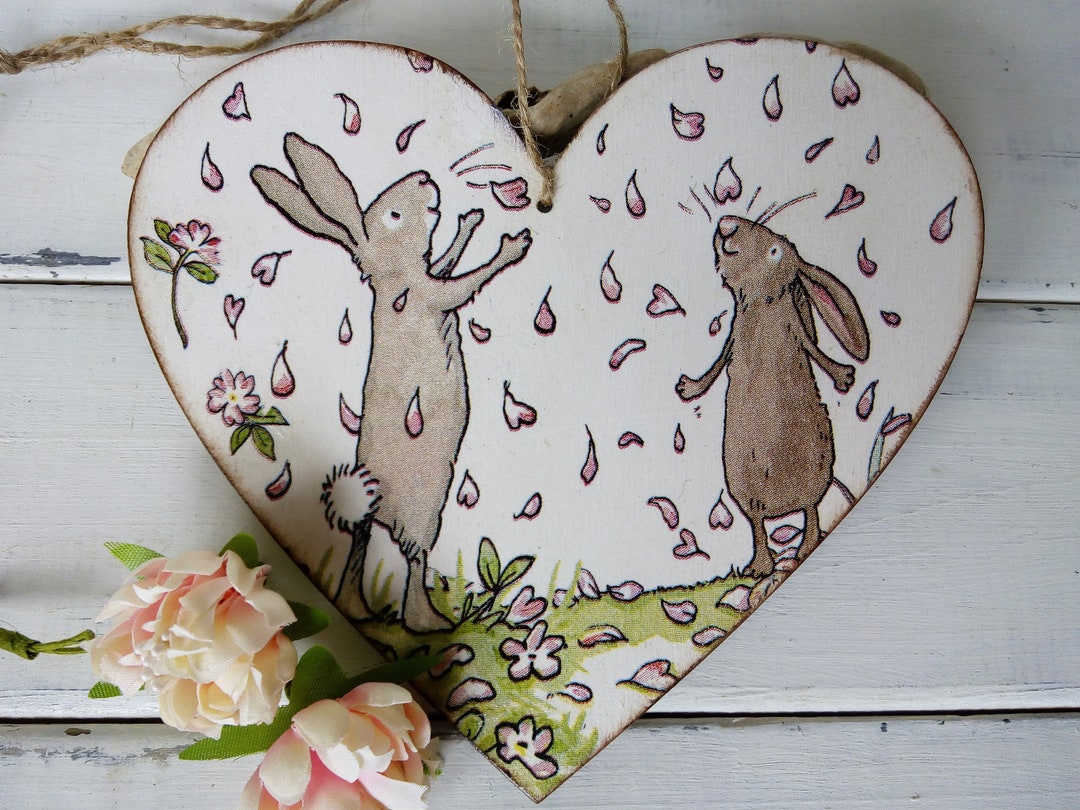 Primitive Spring Decor Hanging Wooden Heart Ornament With Funny Rabbits ...