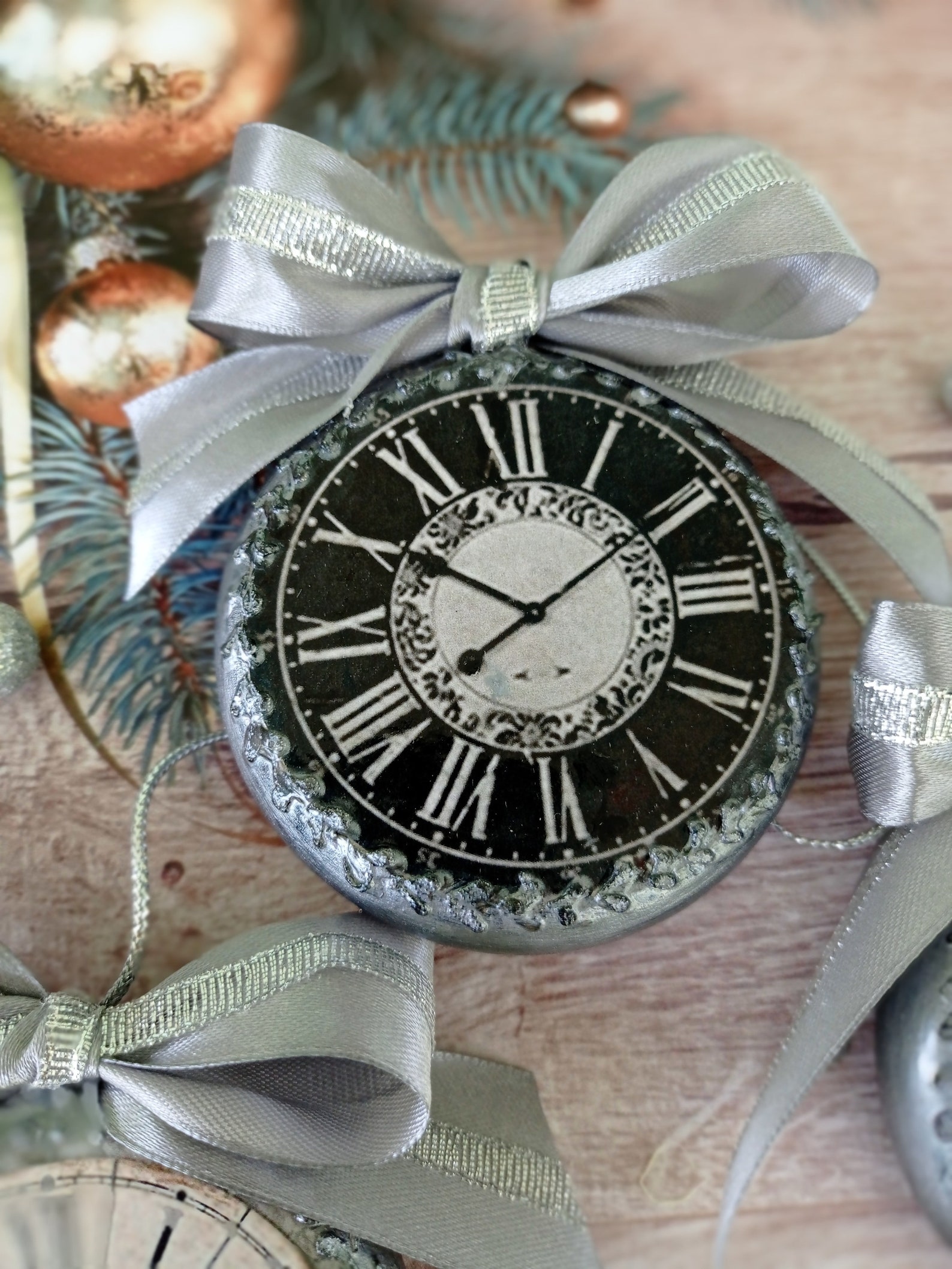 Silver Christmas Ornaments Clock Round Form in Vintage Styles - Etsy