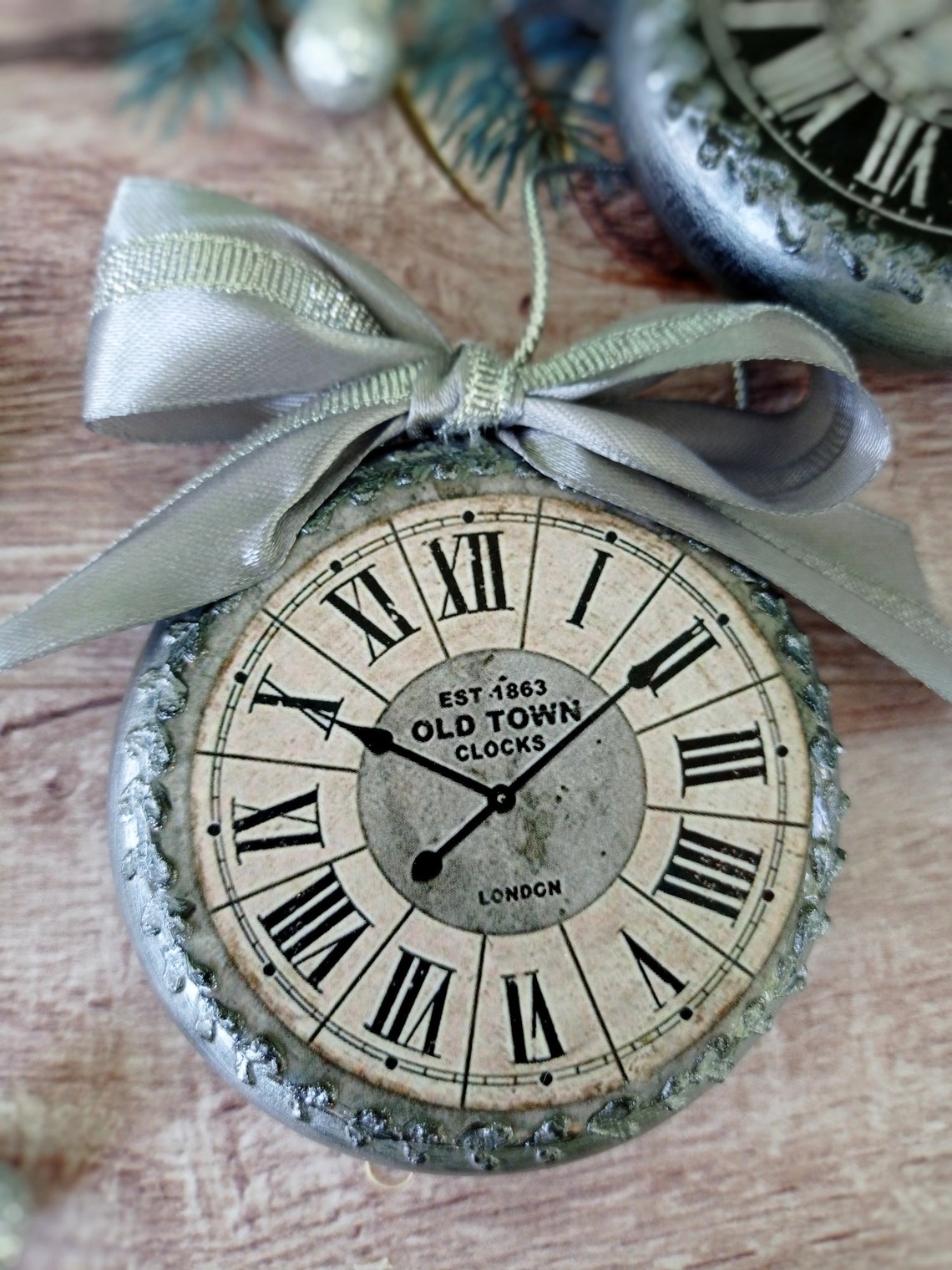 Silver Christmas Ornaments Clock Round Form in Vintage Styles - Etsy