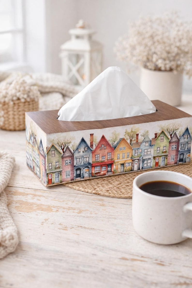 Wooden Tissue Box Cover – Cozy Cottage Home Decor, Colorful Houses ...