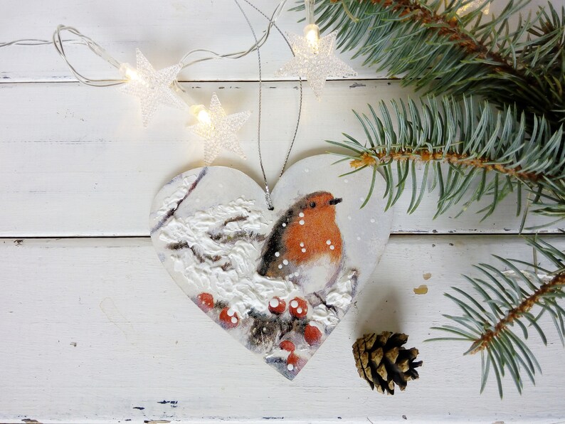 Winter bird Robin hanging heart. Wooden Christmas ornament | Etsy