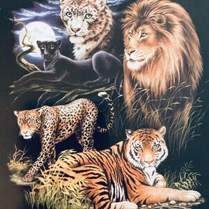 Exotic Big Cats Montage-tiger,lion,leopard & Panther on Black Cotton T ...
