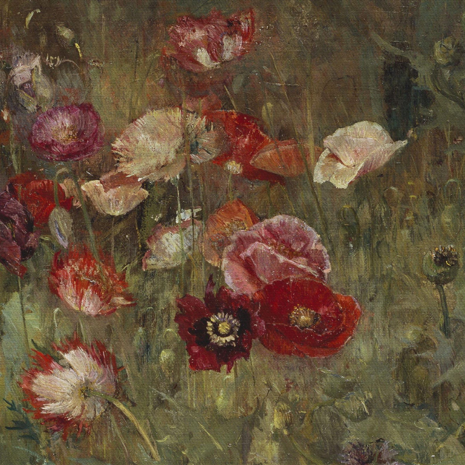 Red Poppy Painting on Cotton Tapestry | Vintage Floral Canvas Wall ...
