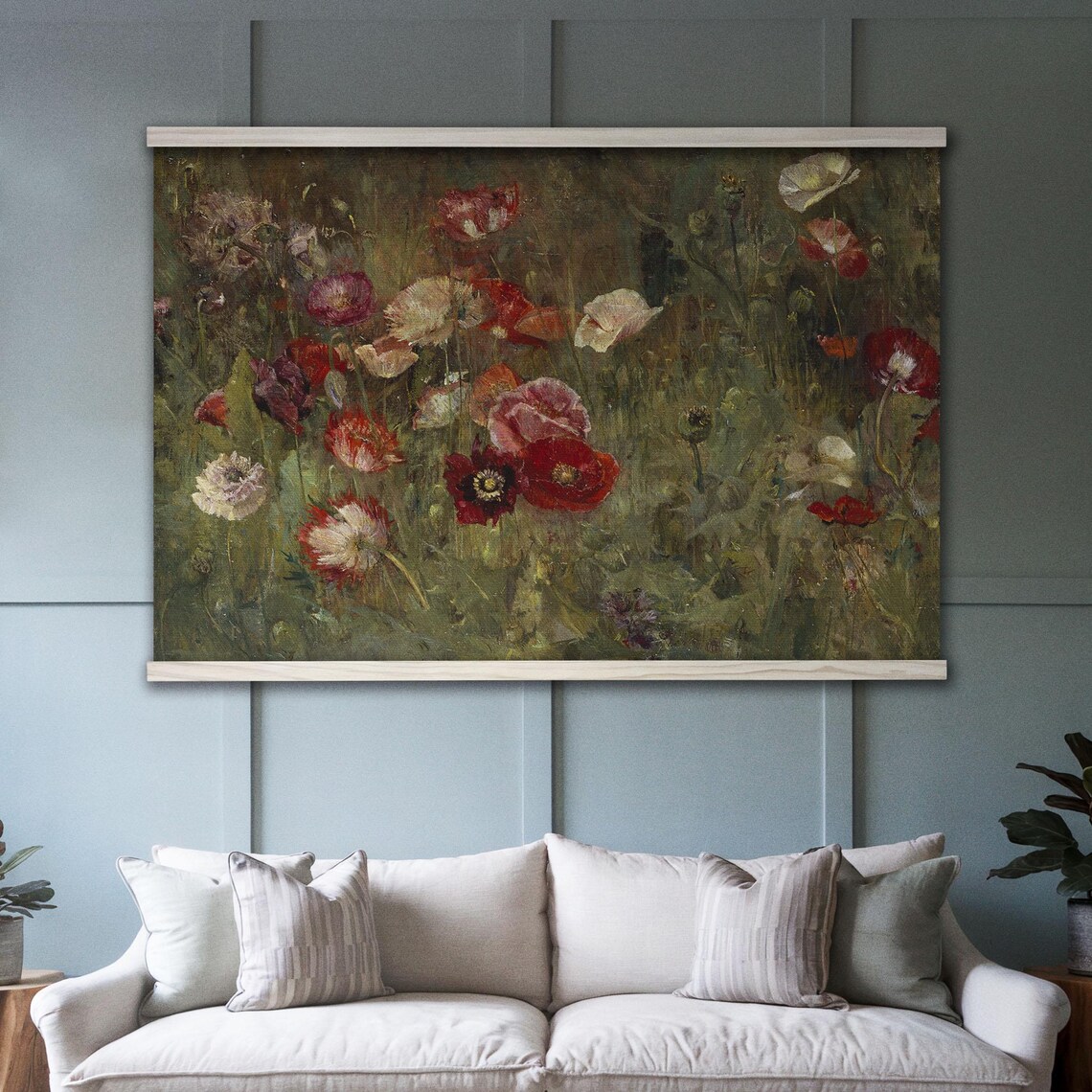 Red Poppy Painting on Cotton Tapestry | Vintage Floral Canvas Wall ...