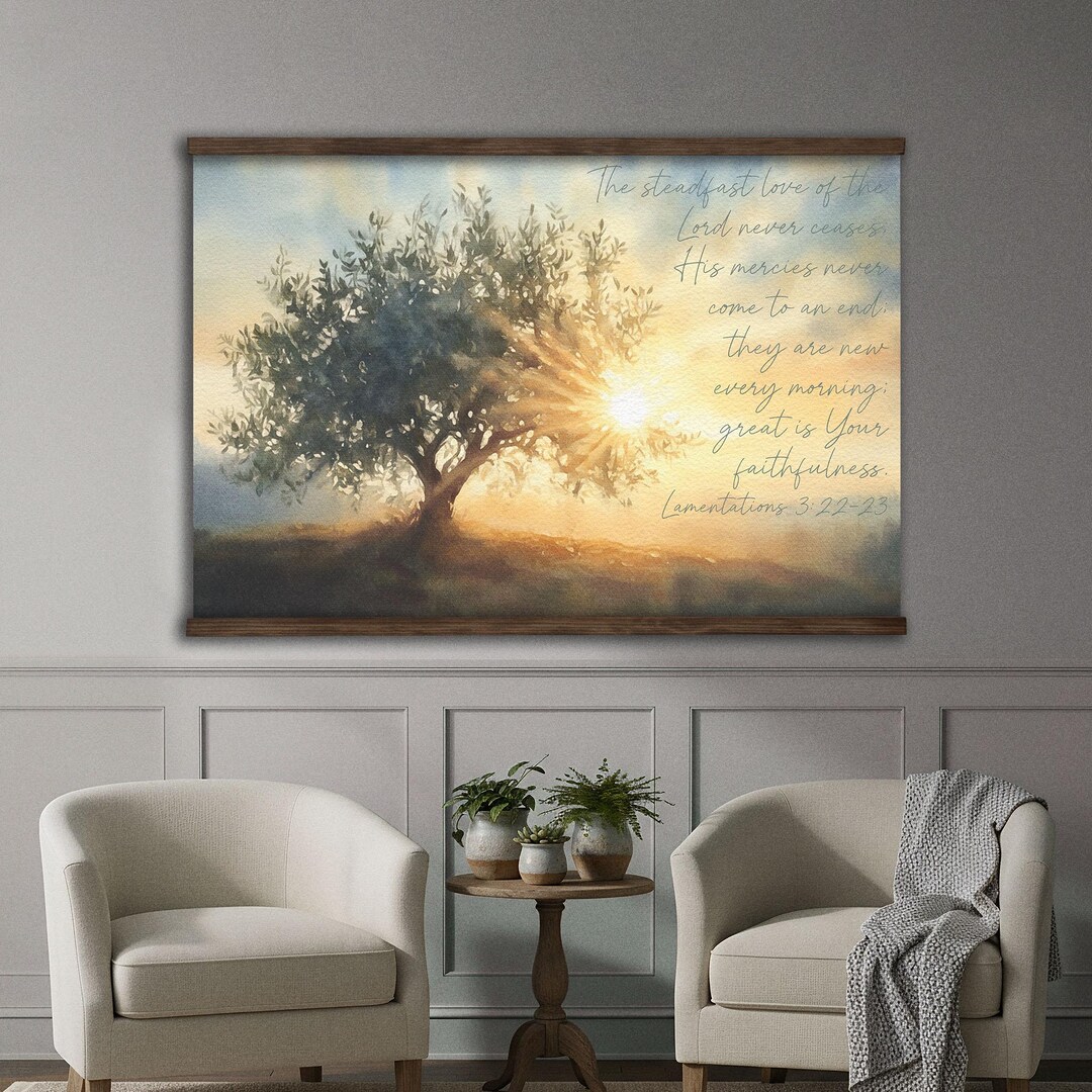 Watercolor Olive Tree Canvas Tapestry | Sunrise Bible Verse Wall Art - Etsy