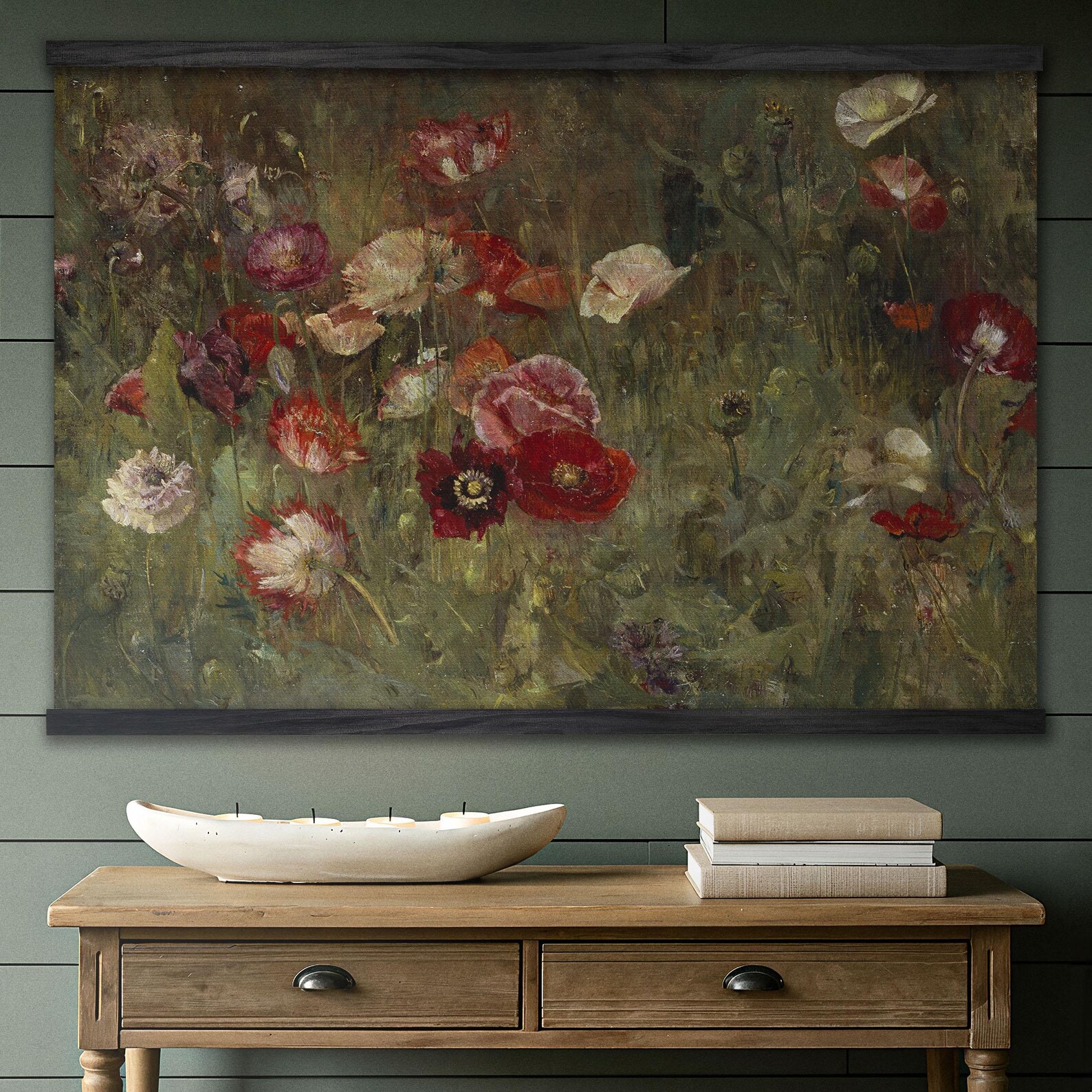 Red Poppy Painting on Cotton Tapestry | Vintage Floral Canvas Wall ...