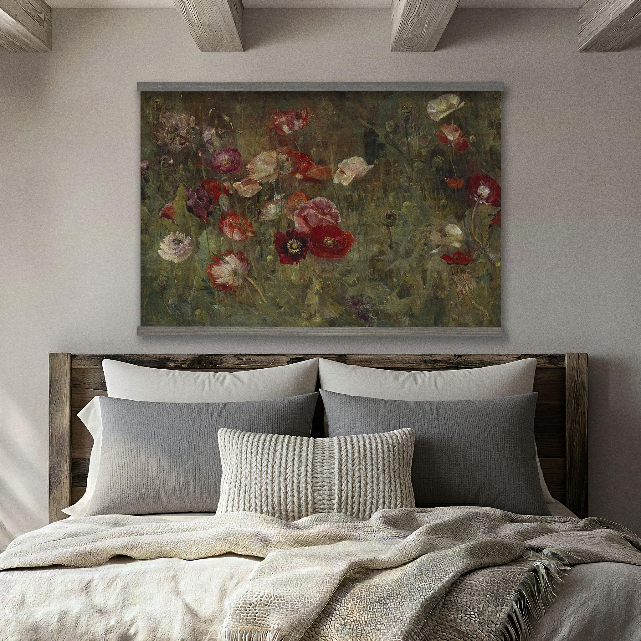 Red Poppy Painting on Cotton Tapestry | Vintage Floral Canvas Wall ...