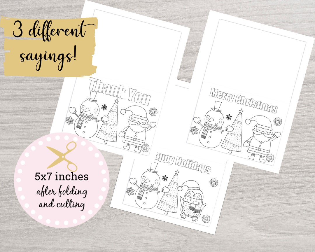 Printable Christmas Coloring Page Cards, DIY Coloring Christmas Cards ...