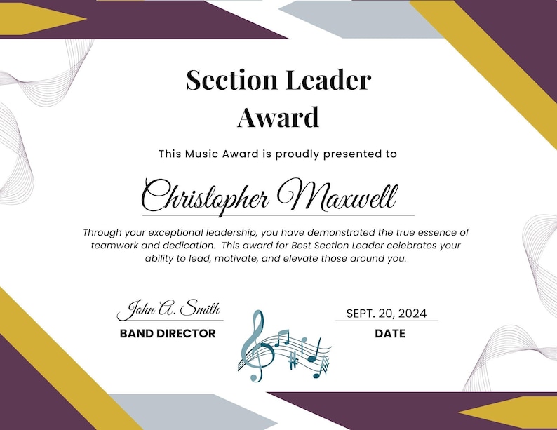 Band Award Certificates for Middle School and High School, Sectional ...