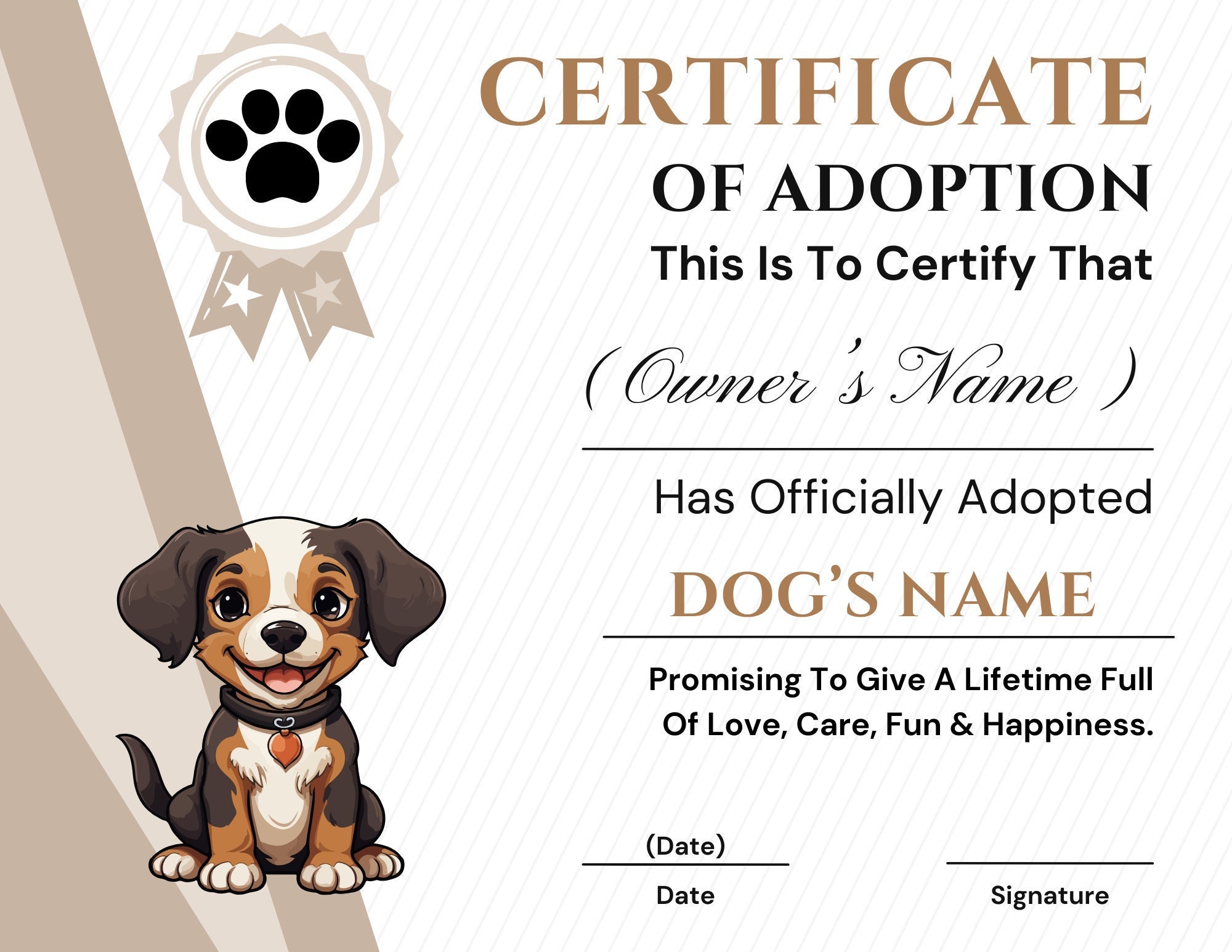 Dog or Puppy Certificate of Adoption Certificate, for Dog Owners ...