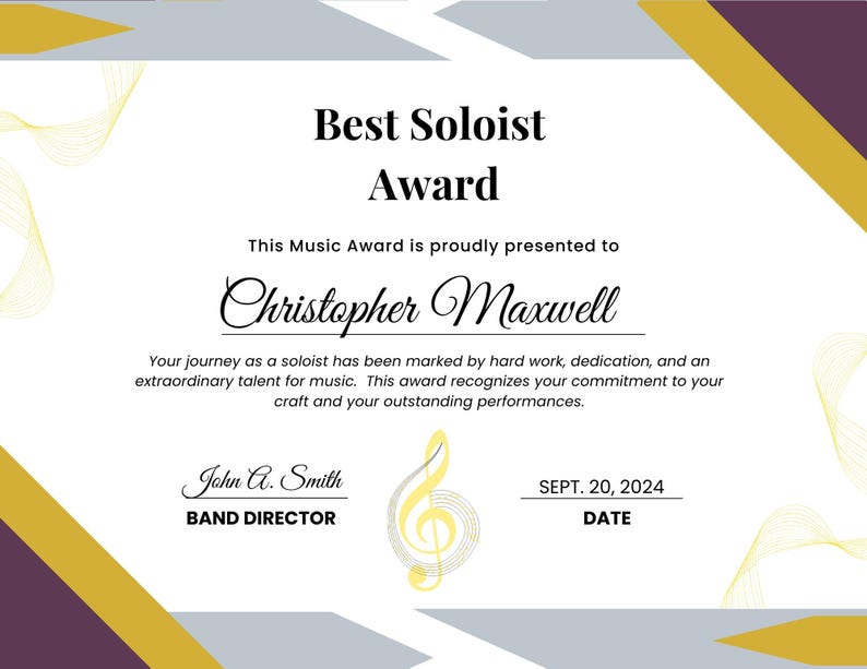 Music Award Certificates - Set of Six Customizable and Editable Music ...