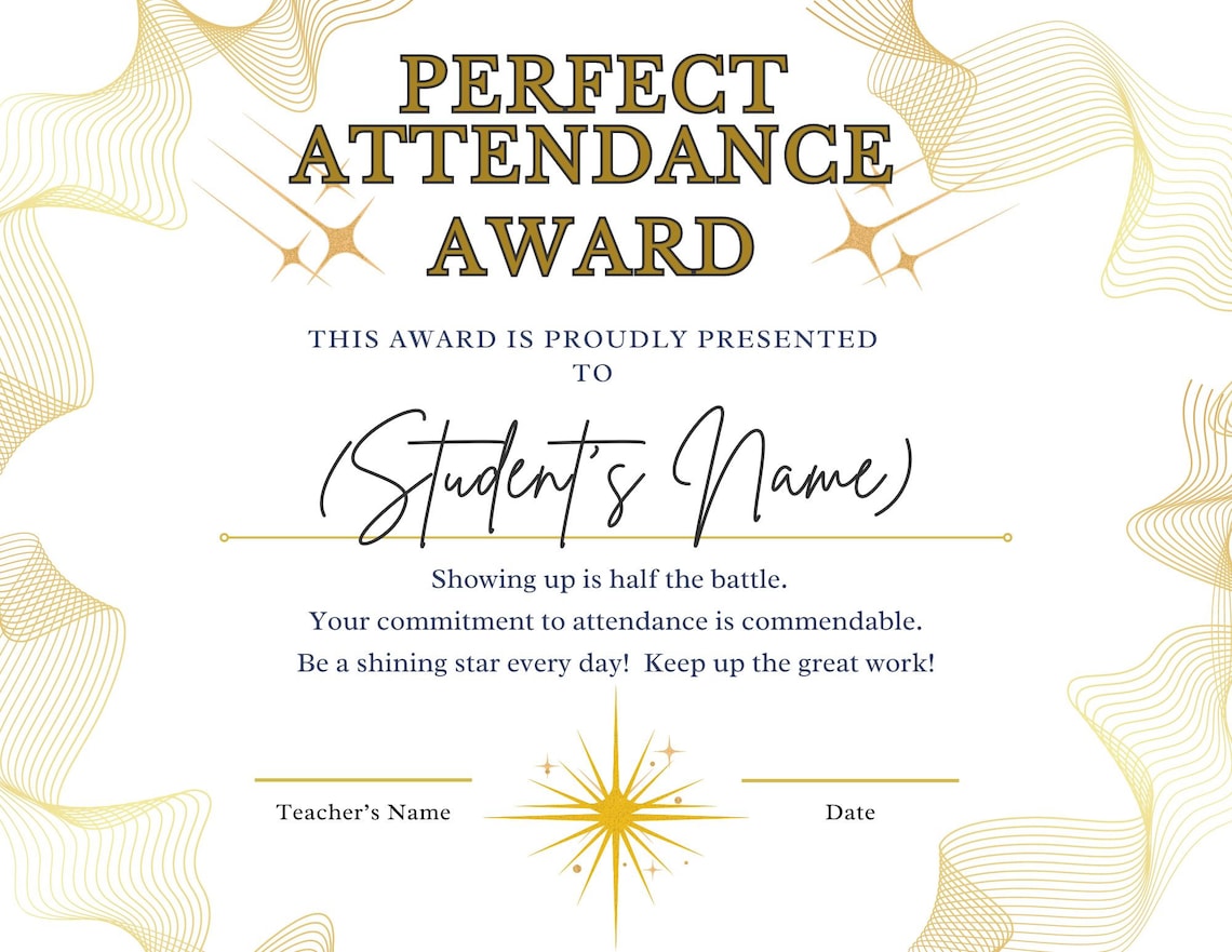 Perfect Attendance School Award Certificate, Personalized Certificate ...