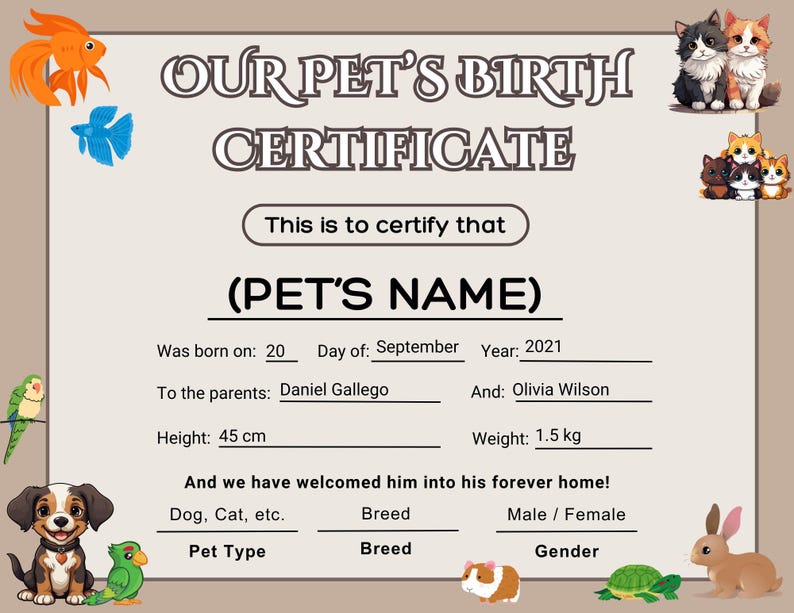 Printable and Customizable Pet Birth Certificate, Pet Keepsake, Digital ...