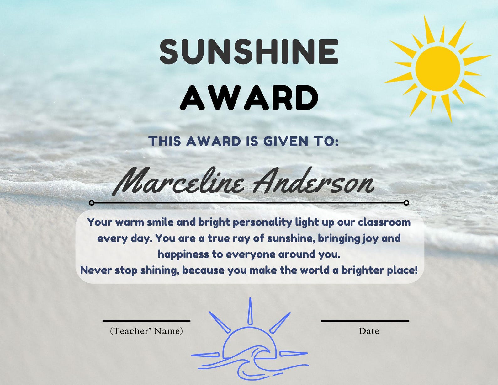 Preschool Sunshine Award Certificate - for Teachers, Friendship ...