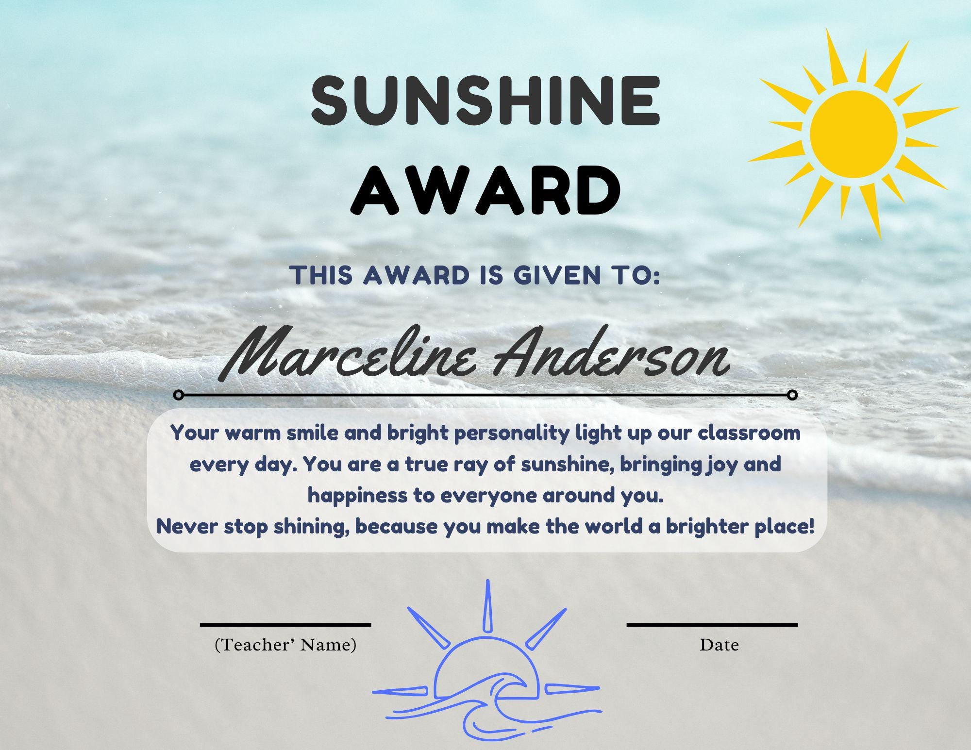 Preschool Sunshine Award Certificate - for Teachers, Friendship ...