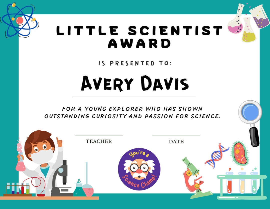 Preschool Science Award Certificate | Personalized Printable ...