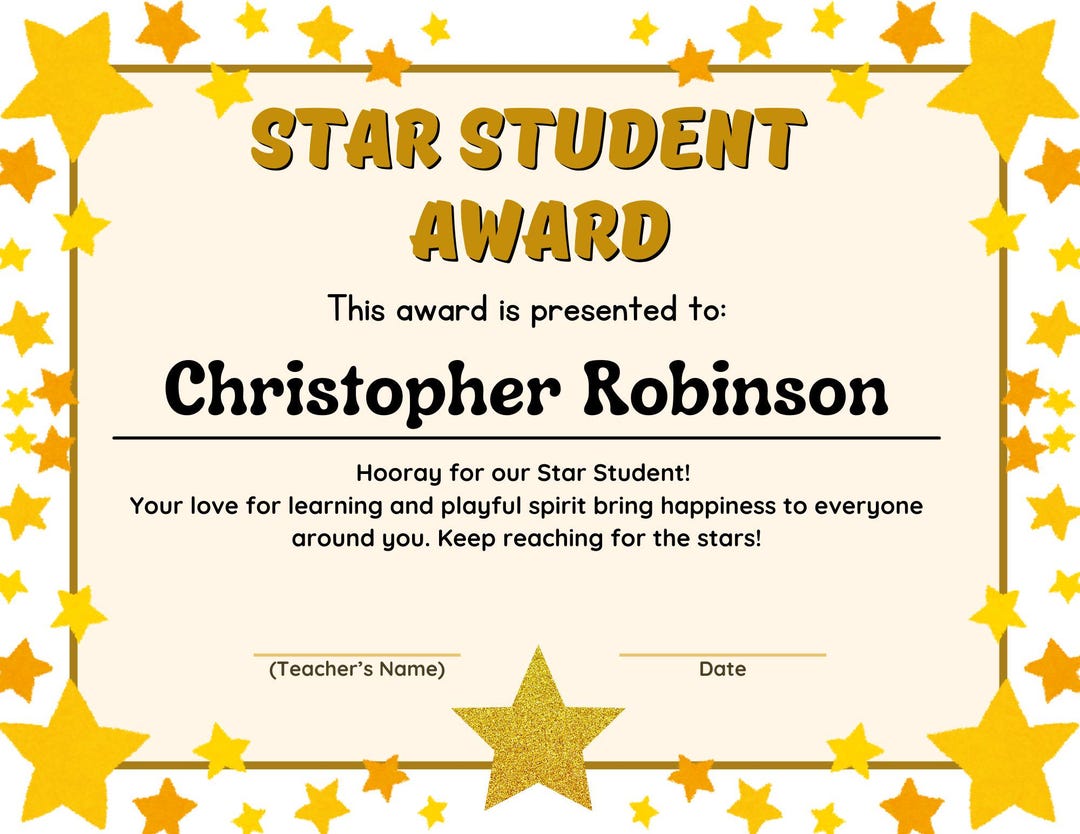 Star Student Award Certificate for Preschool or Elementary School ...