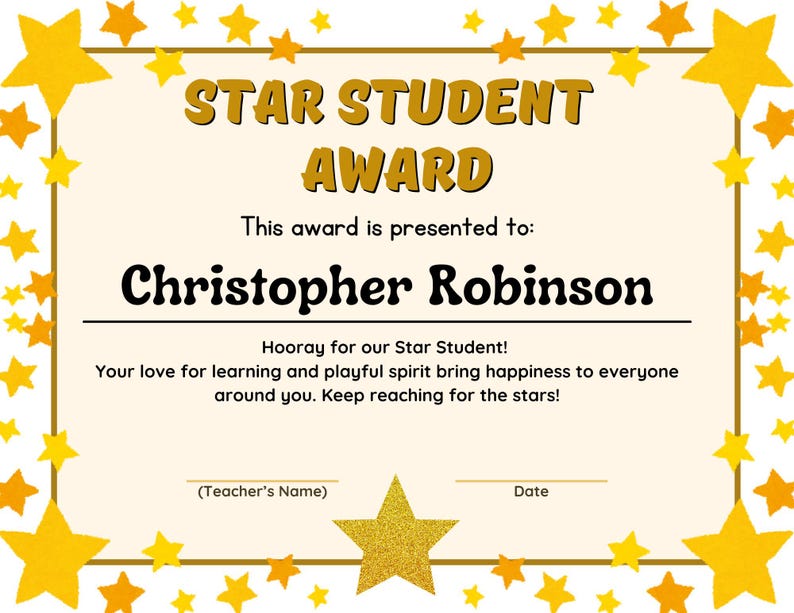 Star Student Award Certificate for Preschool or Elementary School ...