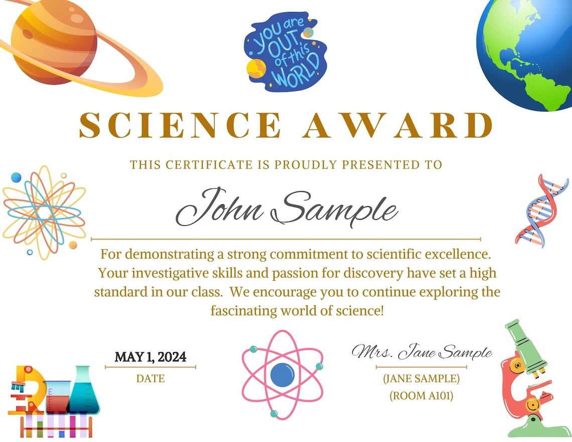 Elementary Science Award Certificate - Editable Printable (digital ...