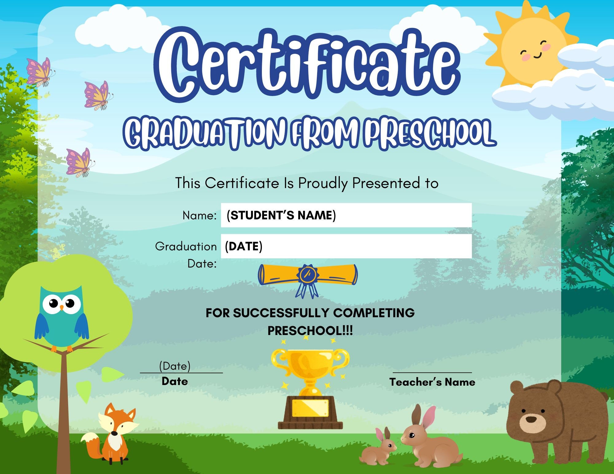 Preschool Graduation Certificate for Teachers - Forest Animal Version ...