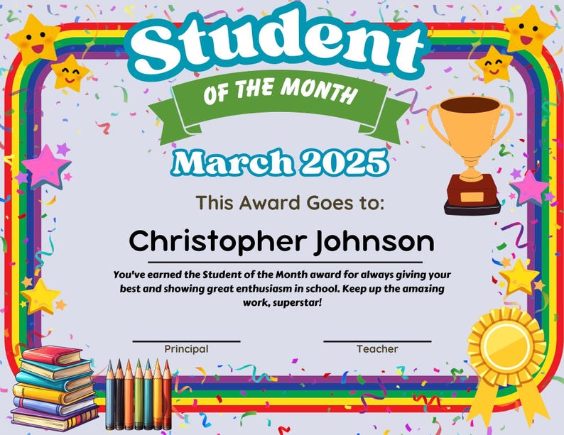 Printable Student of the Month Award Certificate - Instant Digital ...