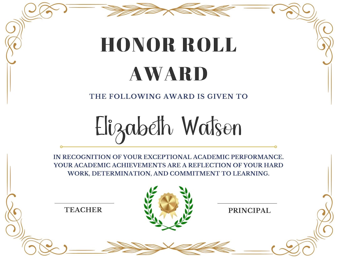 Elementary School Honor Roll Award Certificate | Printable and Editable ...
