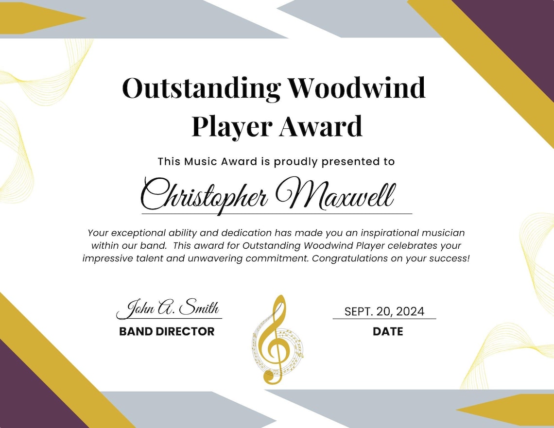 Band Award Certificates for Middle School and High School, Sectional ...