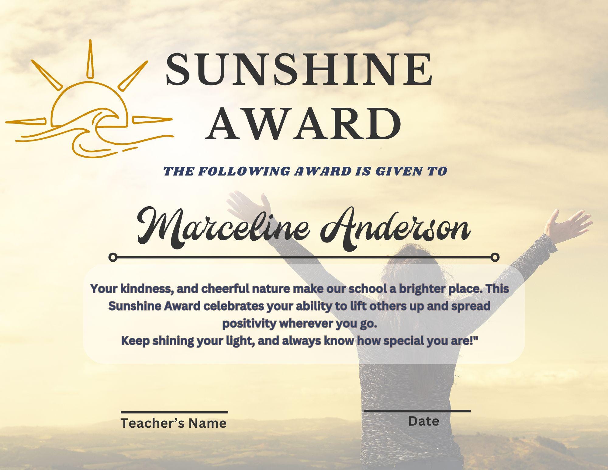 Sunshine Award Certificate (elementary School) - for Teachers ...