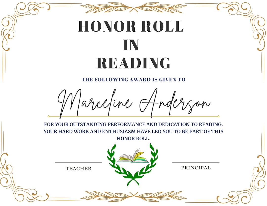 Customizable Honor Roll in Reading Certificate (digital Download) - Etsy