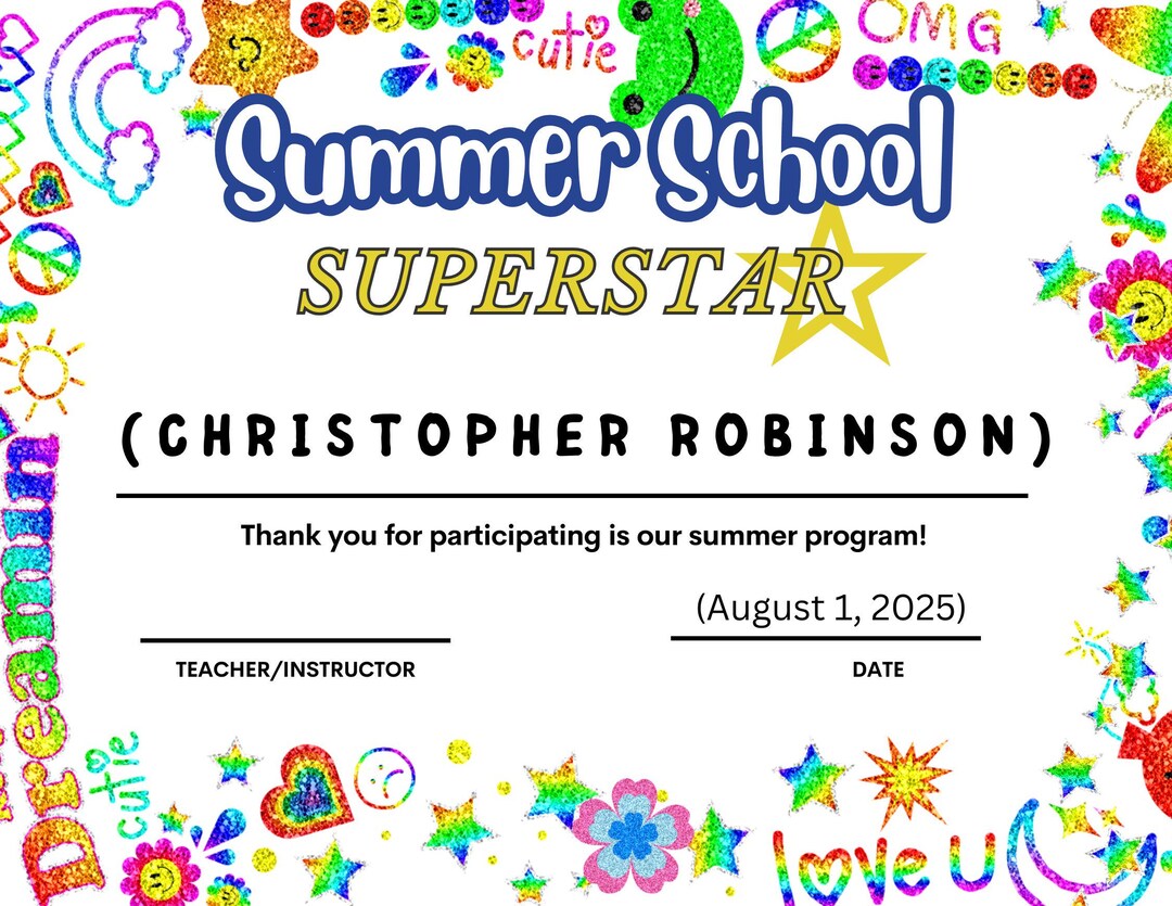 Summer School Superstar Award Certificate, Fun & Editable Award for ...