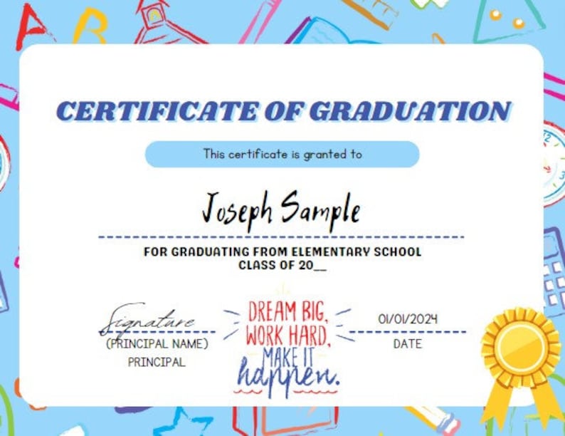 Editable Elementary School Graduation Certificate, Printable Award (PDF ...