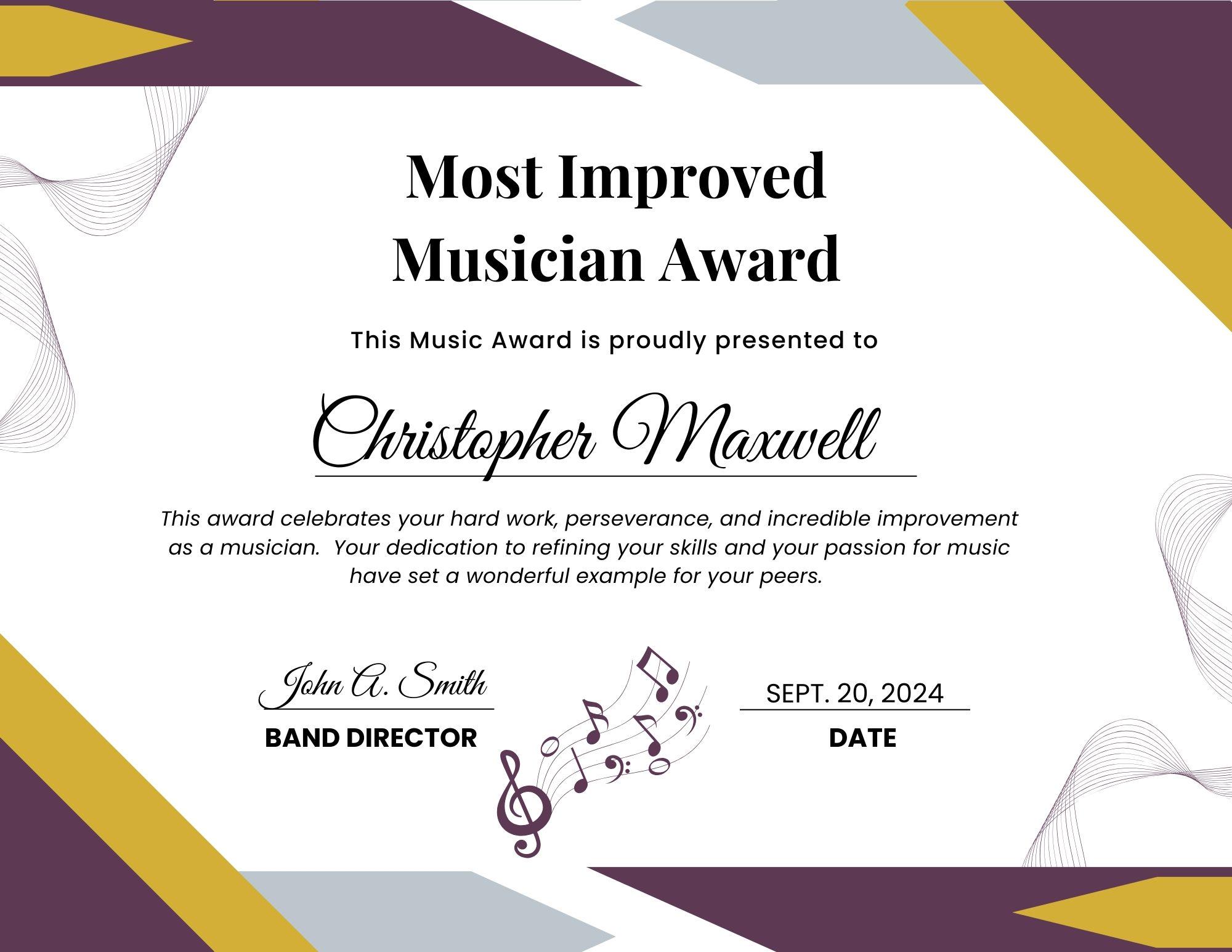 Music Award Certificates - Set of Six Customizable and Editable Music ...