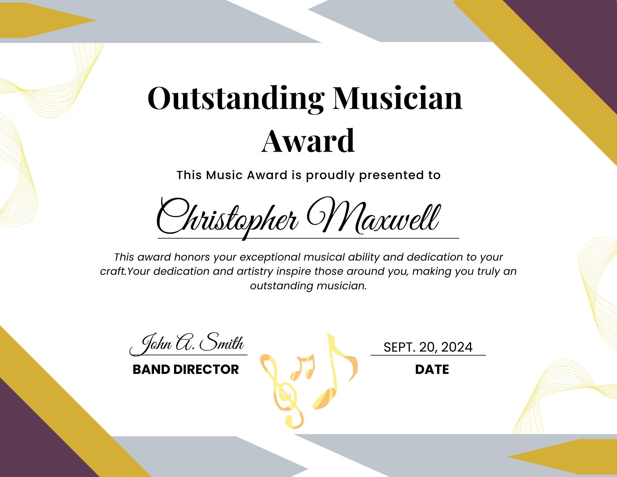Music Award Certificates - Set of Six Customizable and Editable Music ...