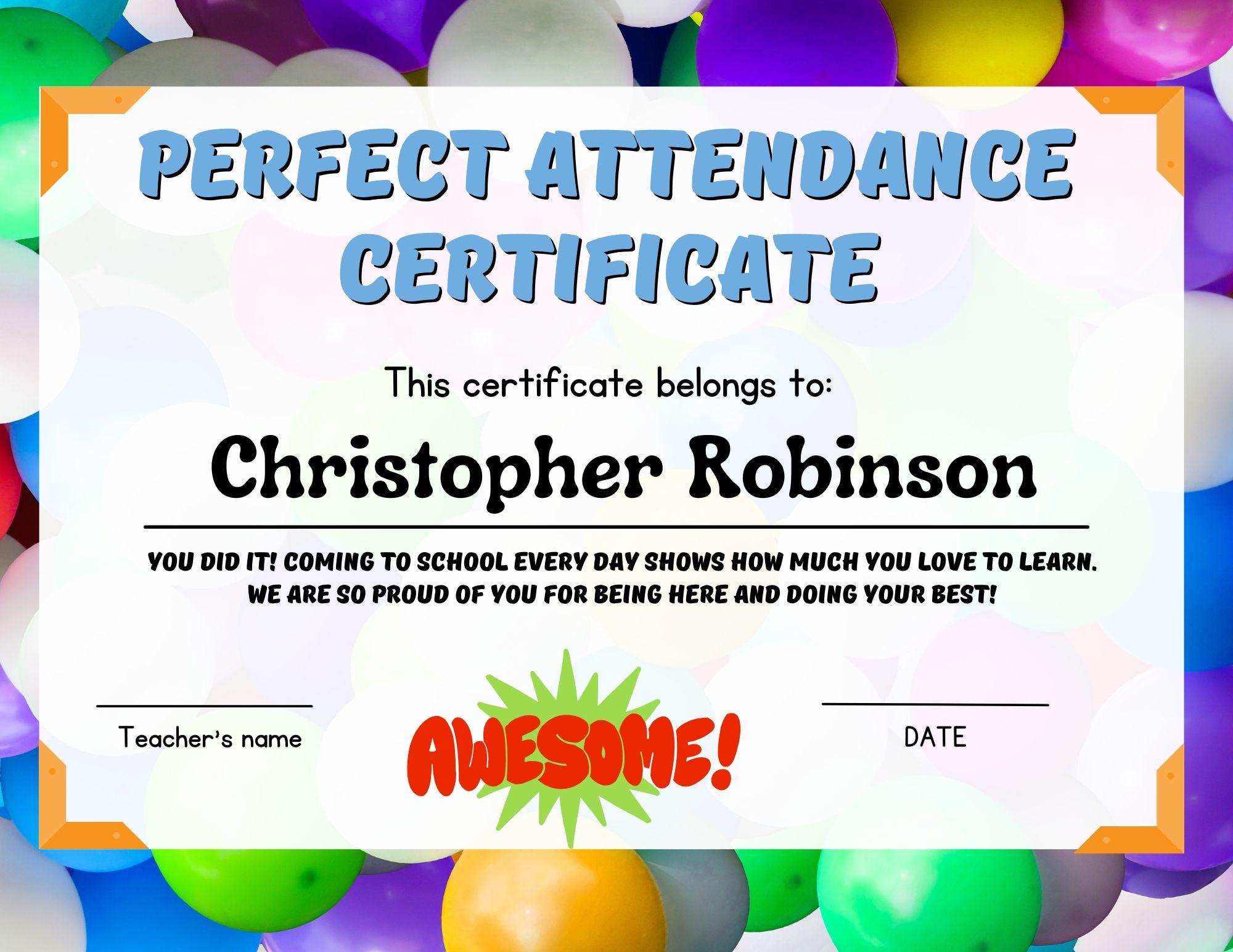 Preschool Perfect Attendance Award Certificate – Printable (digital ...
