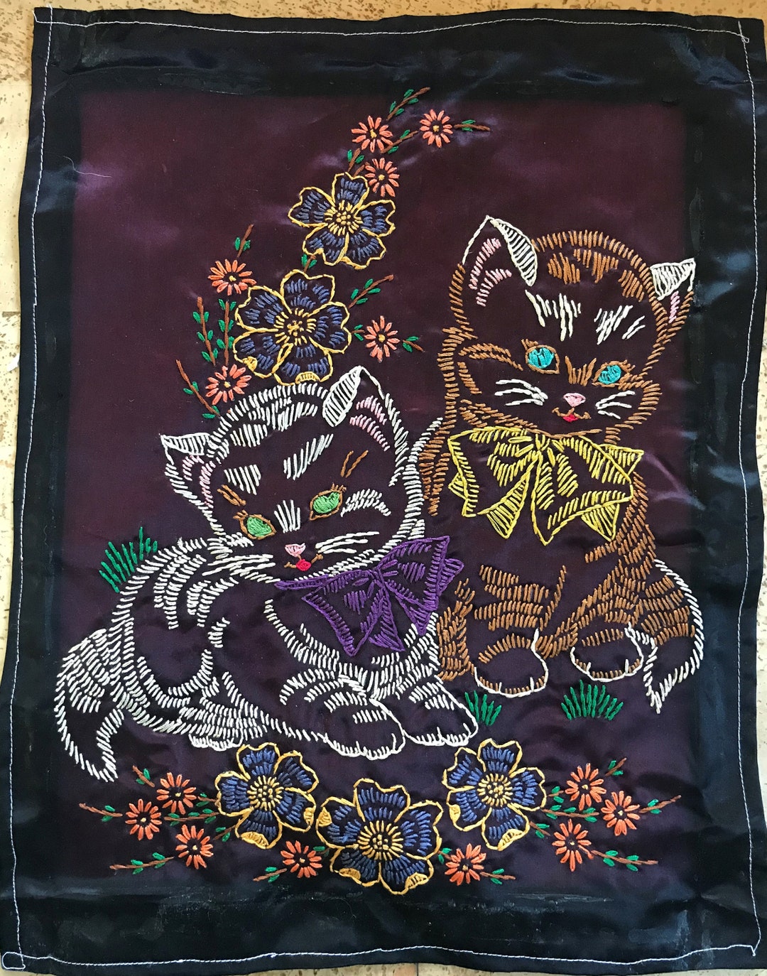 Vintage Embroidered Kittens Picture - Etsy