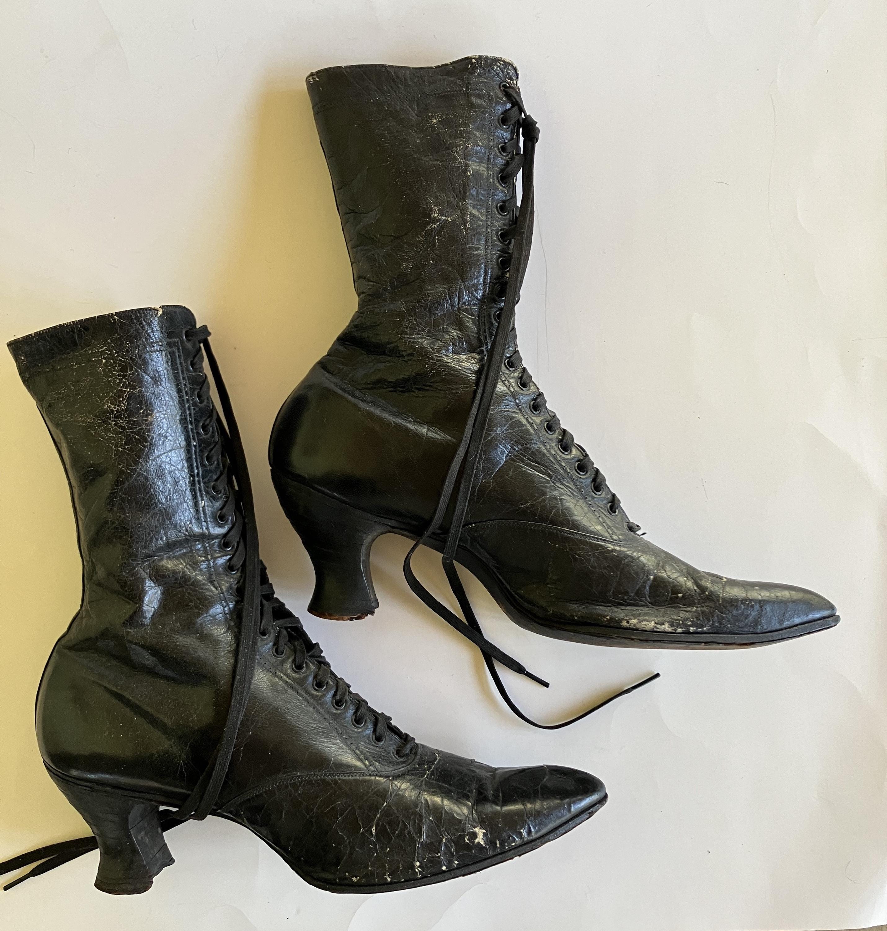 Antique Women's Black Leather Lace up Boots - Etsy