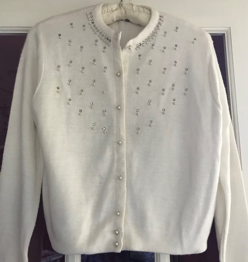 Vintage White Storyk Orlon Cardigan Lined Sweater With Pearls | Etsy