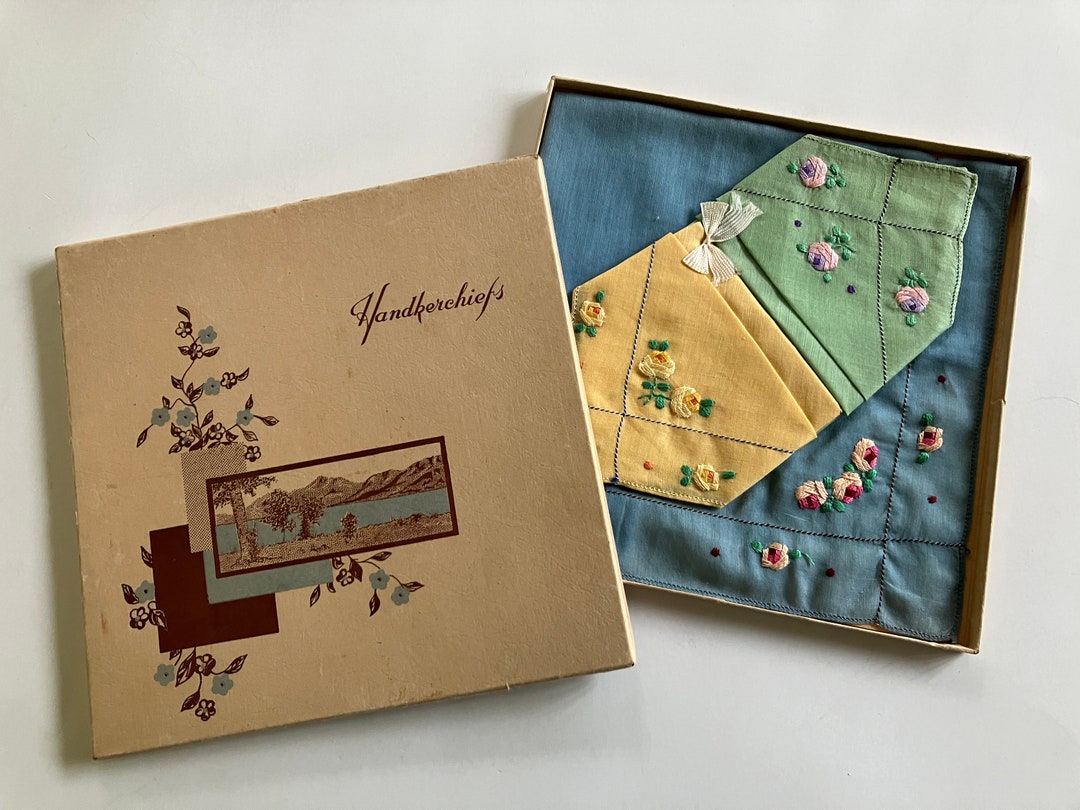 Vintage Deco Box of Three Hankies - Etsy