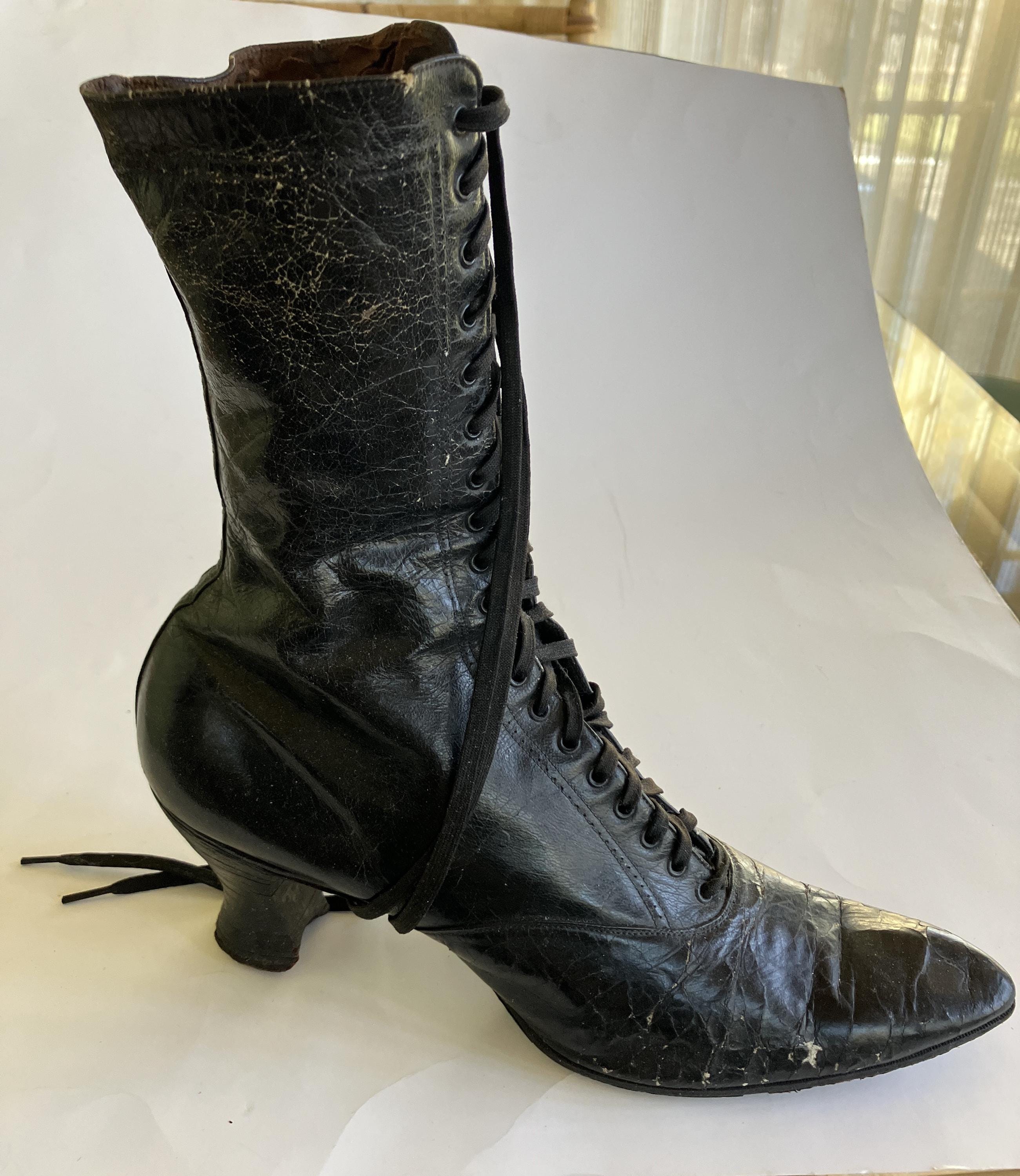Antique Women's Black Leather Lace up Boots - Etsy
