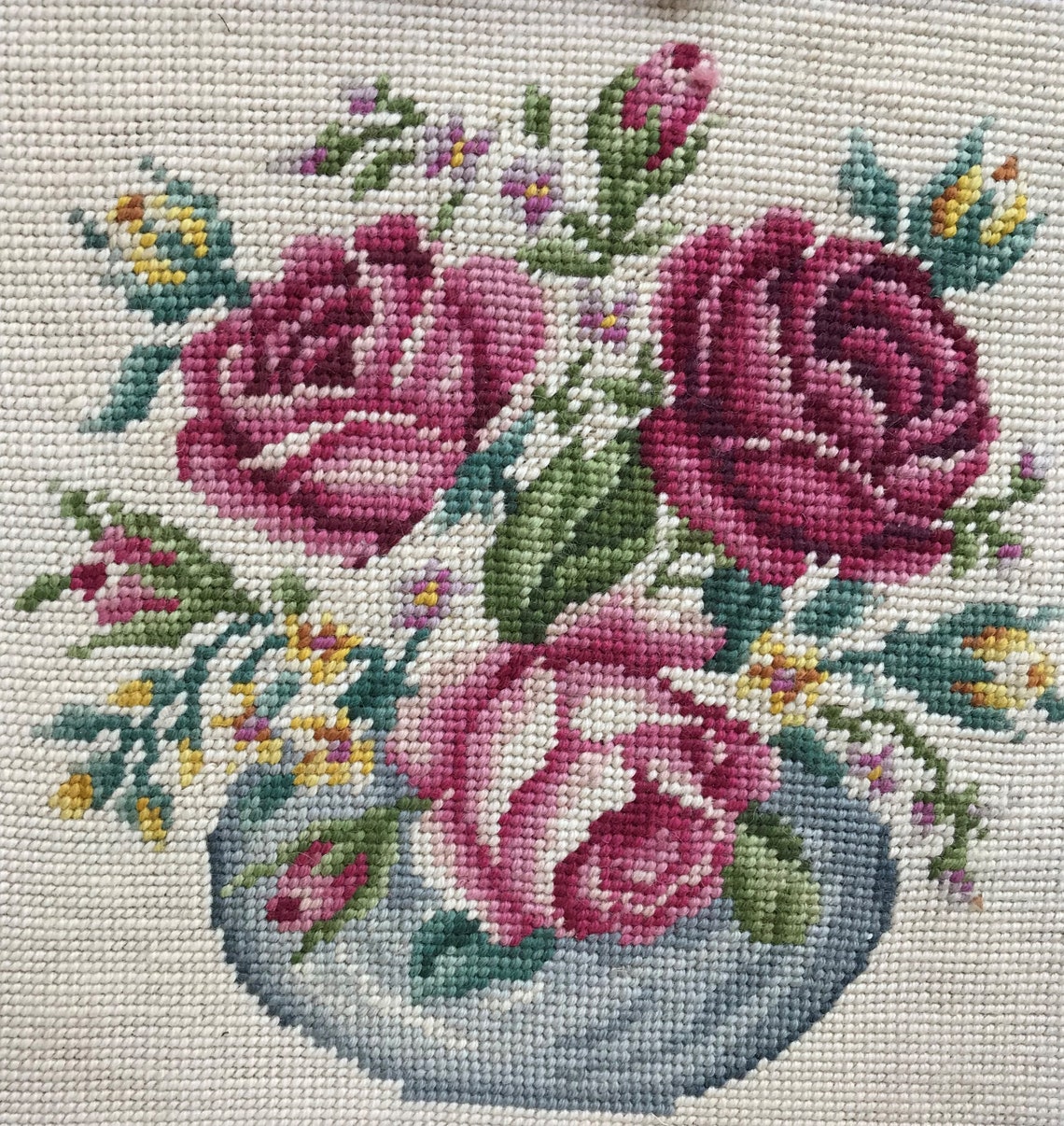 Vintage Needlepoint Wall Hanging of Roses in Vase - Etsy