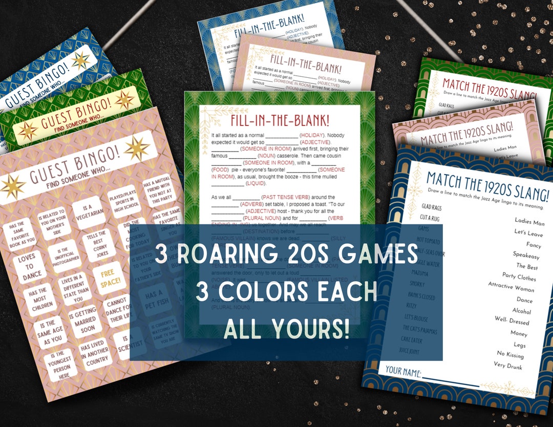 Roaring 20s Holiday Party Game Pack Printable (3 Games, 3 Colors Each ...