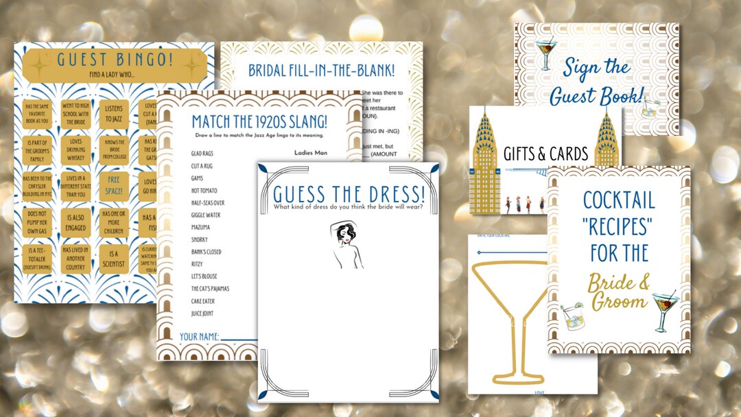 Roaring 20s Gatsby Bridal Shower Printable Bundle (4 Games, 2 Signs ...