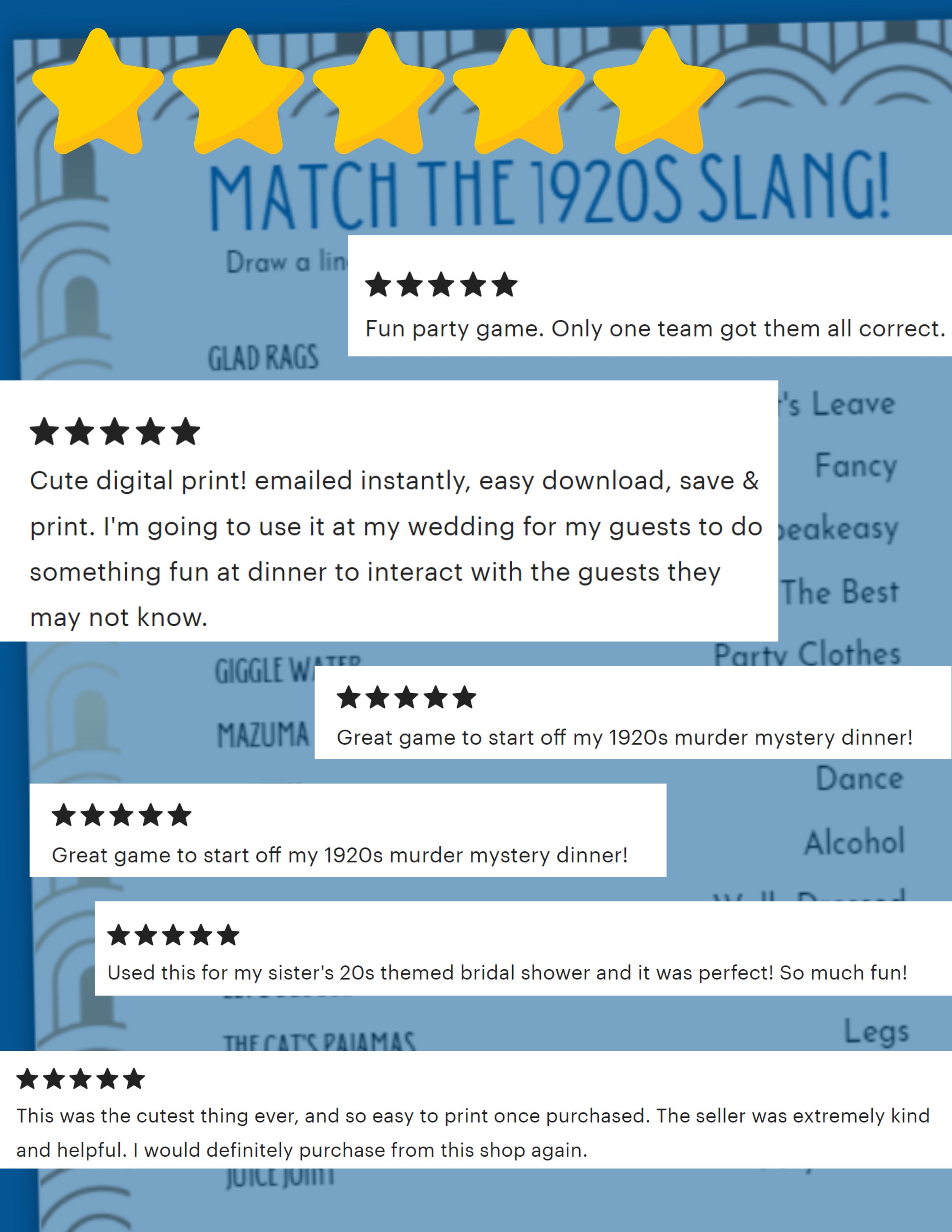 Roaring 20s Match-the-slang Game Printable for Gatsby Art Deco Bridal ...
